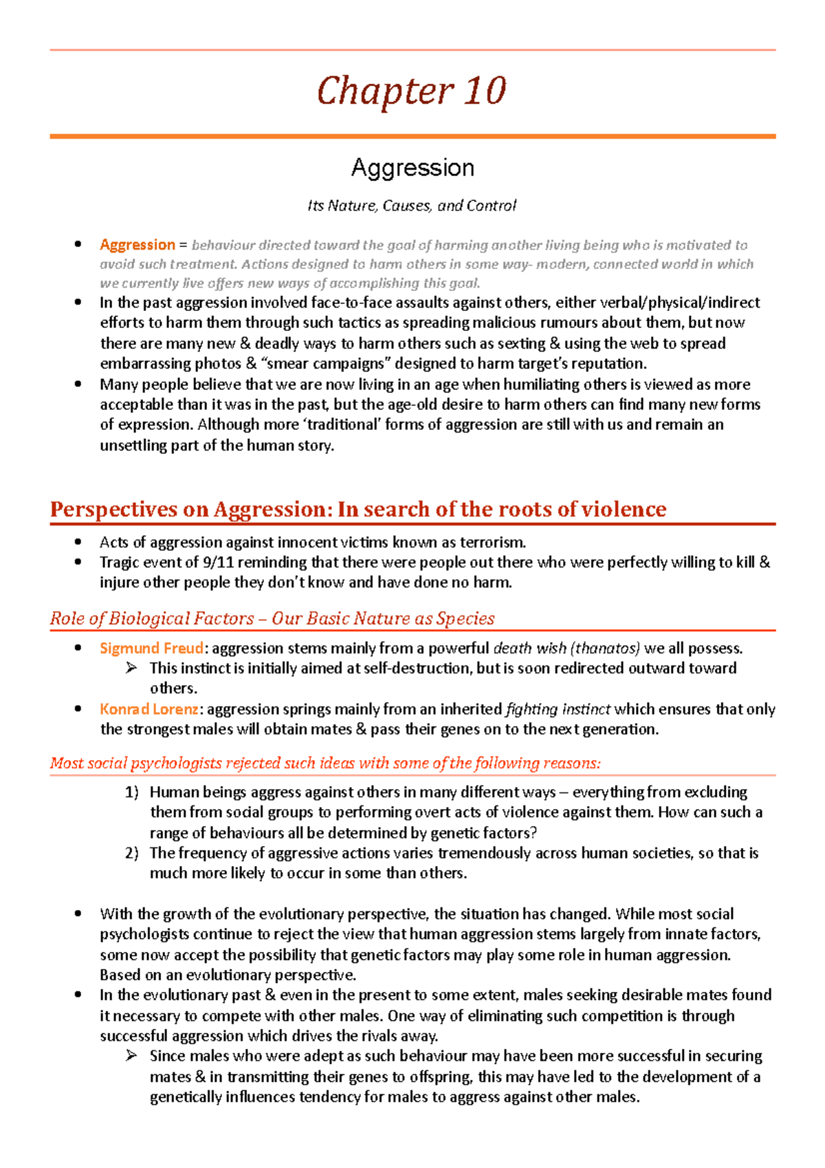 SLK 220 Chapter 10 - Summary SLK - Chapter 10 Aggression Its Nature, Causes, and Control ...