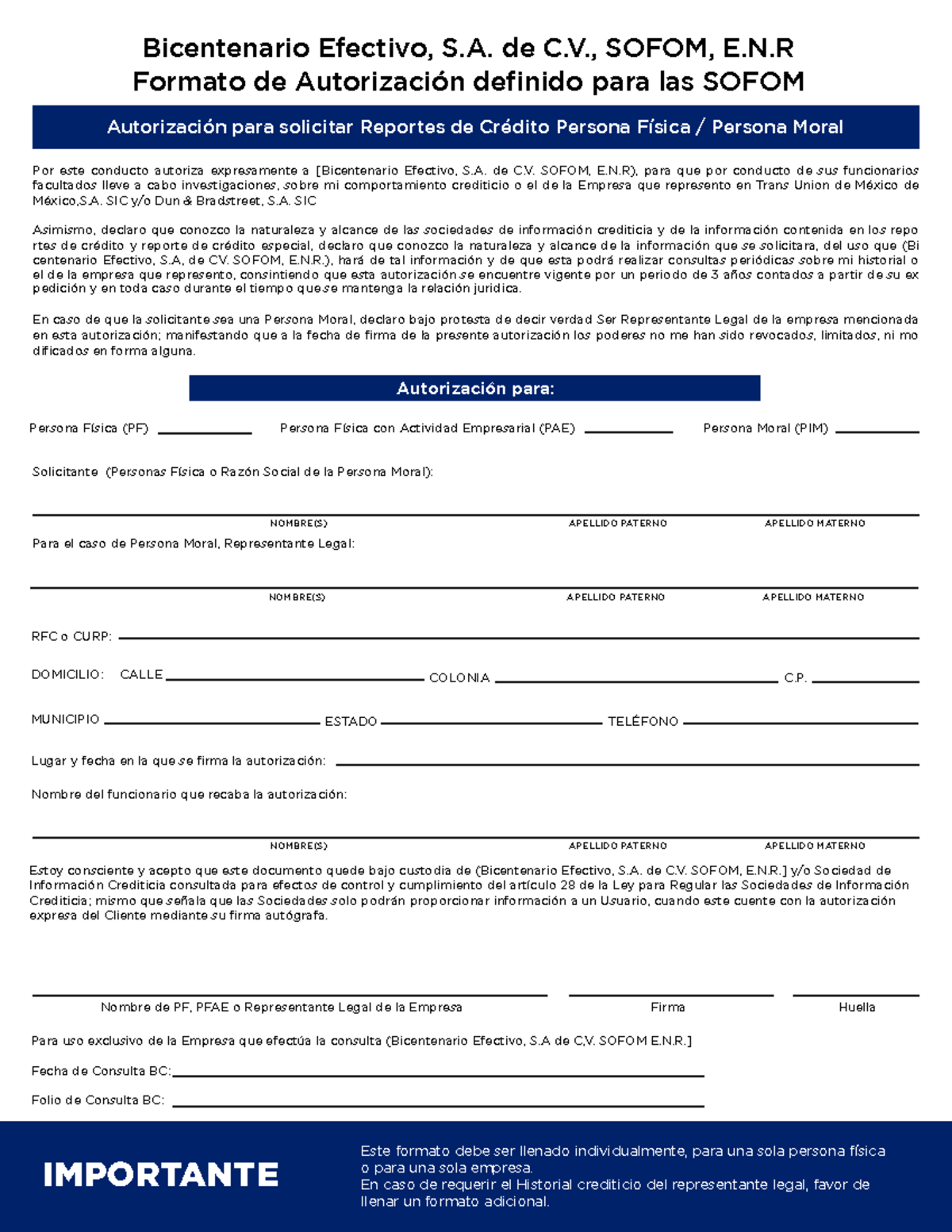 Autorizacion DE BURO - REVISION DE BURO - Bicentenario Efectivo, S. de C., SOFOM, E.N Formato de ...