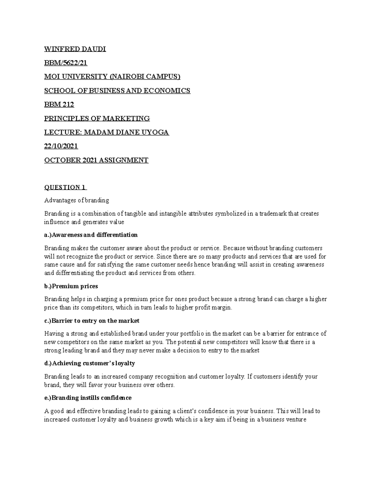 BBM 212 - Principles OF Marketing Assignment - WINFRED DAUDI BBM/5622 ...