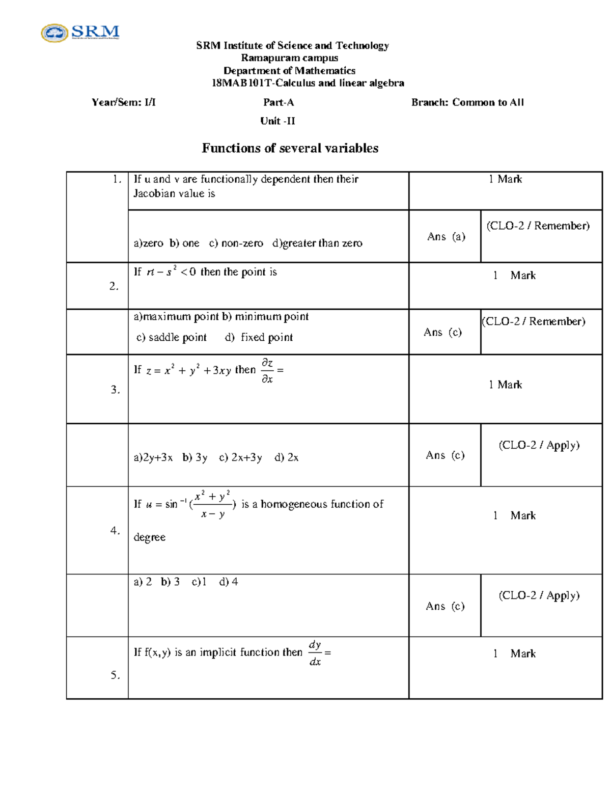 Unit 2 - Part A - UNIT 2 PART A problems - SRM Institute of Science and ...