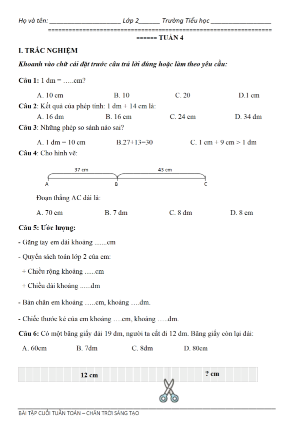 Toán lớp 2 tuần 4 - Djdn sbsbdjsdjdj - Ho và tên: Lóp 2 Truring Tiéu ...