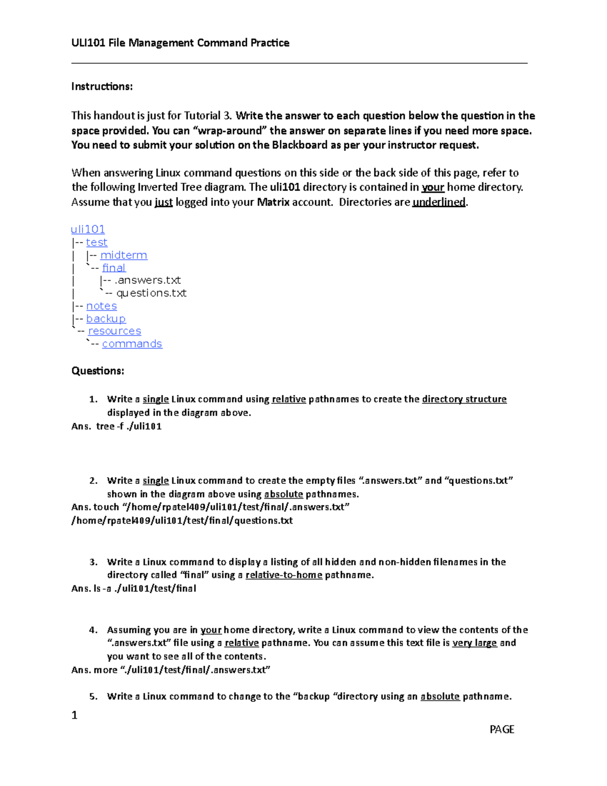 Patel Rohan Dineshbhai 174411215 tutorial 3 - ULI101 File Management Command Practice - Studocu