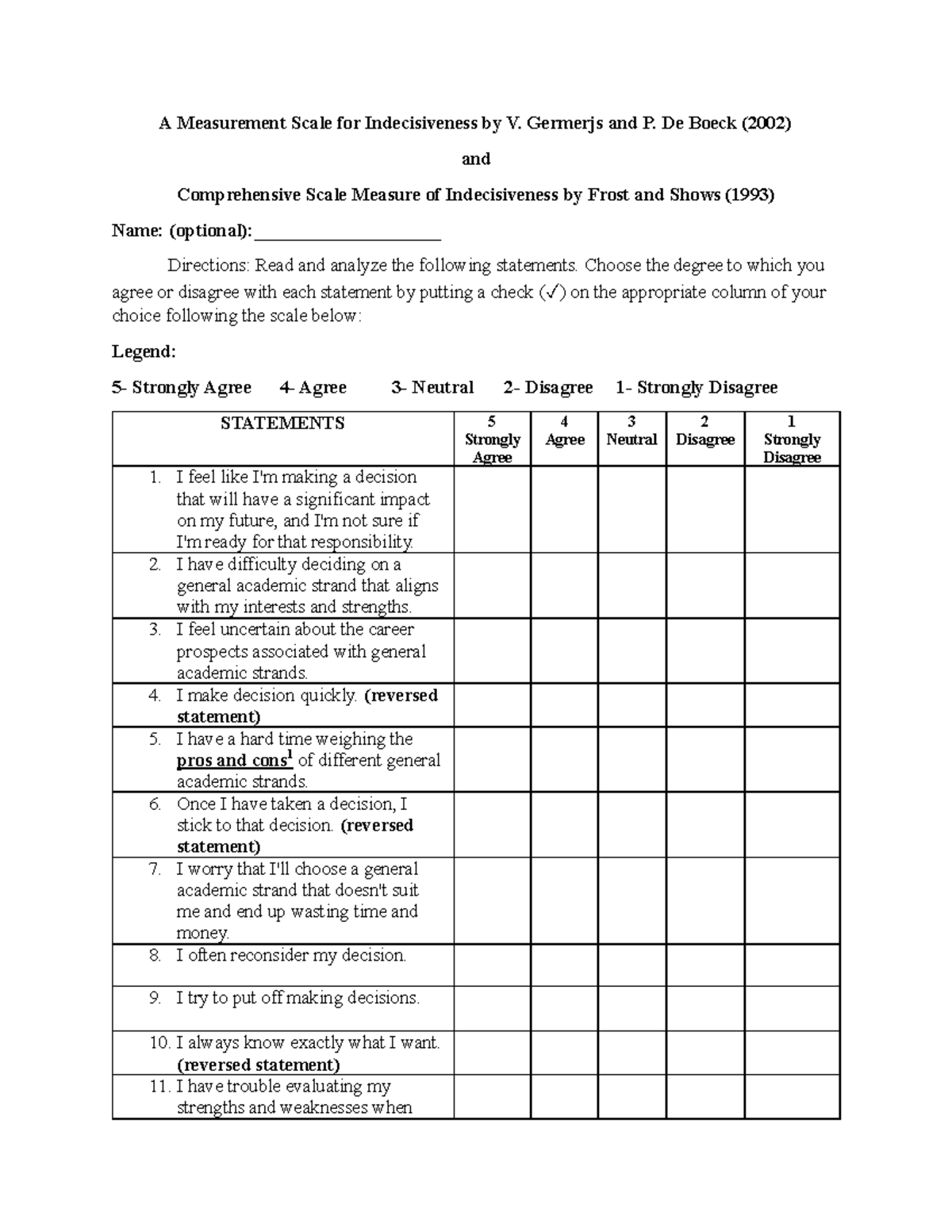 Research Instruments JIM - A Measurement Scale for Indecisiveness by V ...
