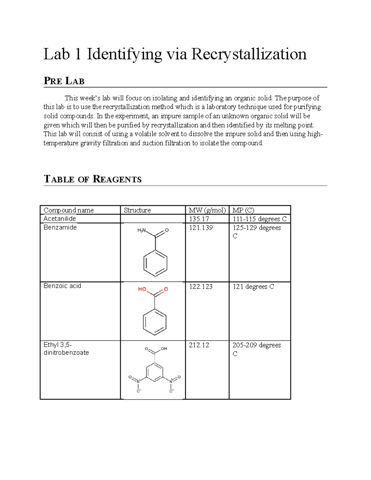 Lab 1 Identifying via Recrystallization - Lab 1 Identifying via ...