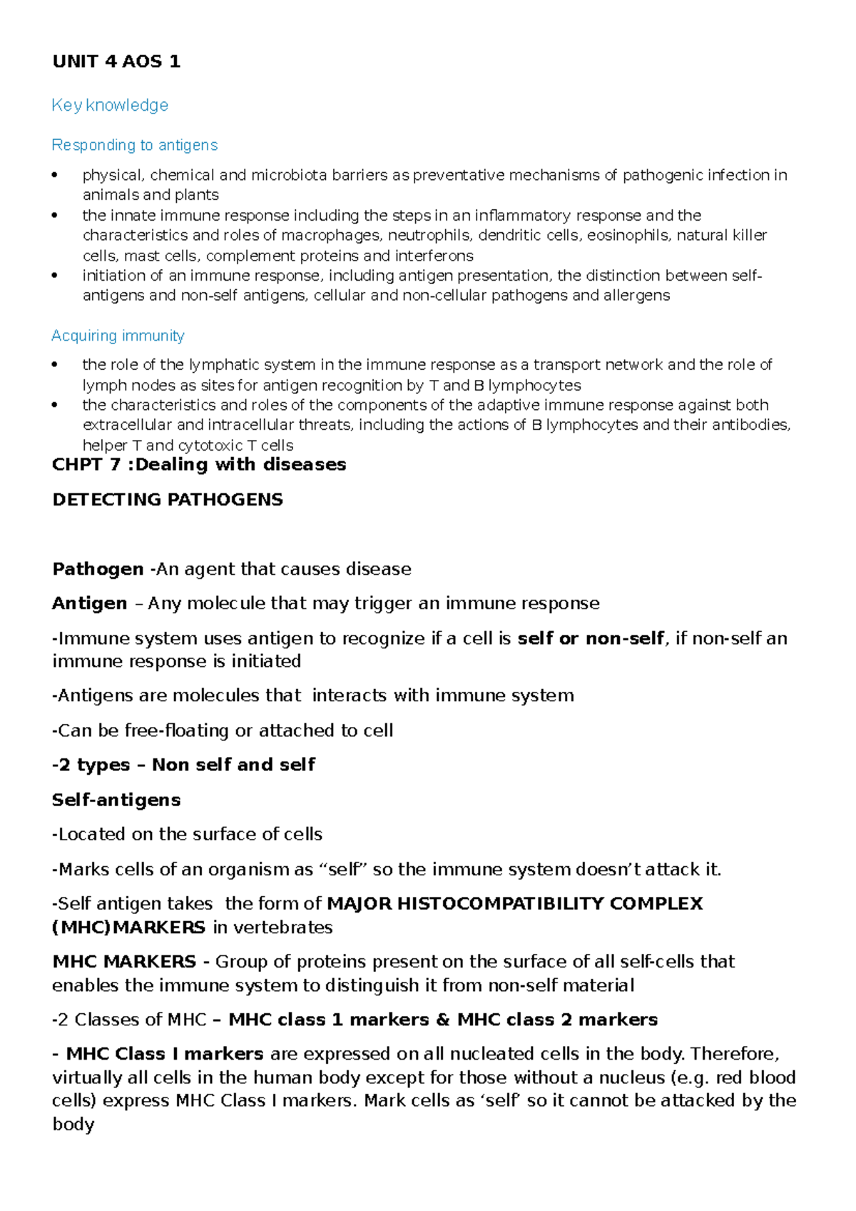 Bio notes chpt 7,8 - UNIT 4 AOS 1 Key knowledge Responding to antigens ...