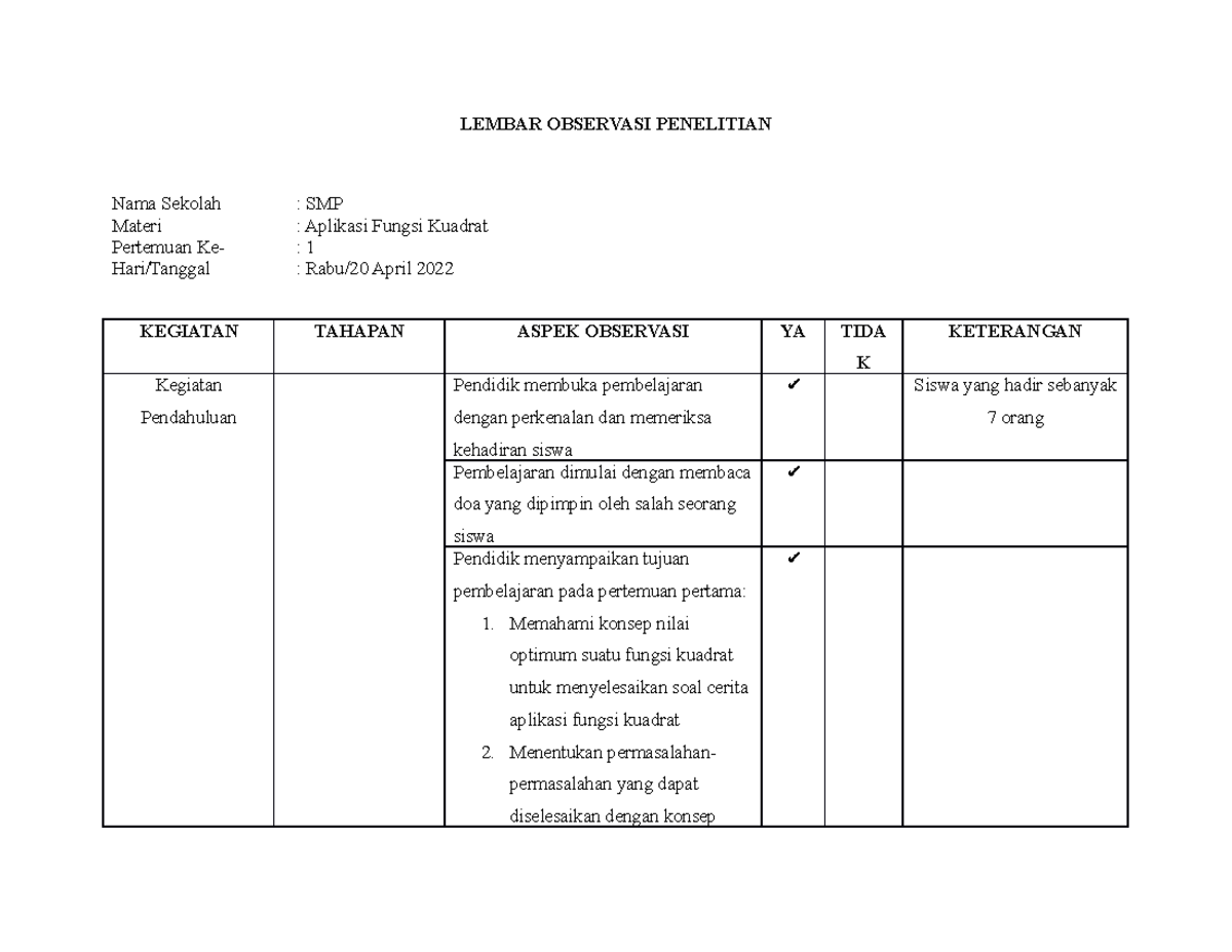 10. Lembar Observasi Penelitian - LEMBAR OBSERVASI PENELITIAN Nama ...