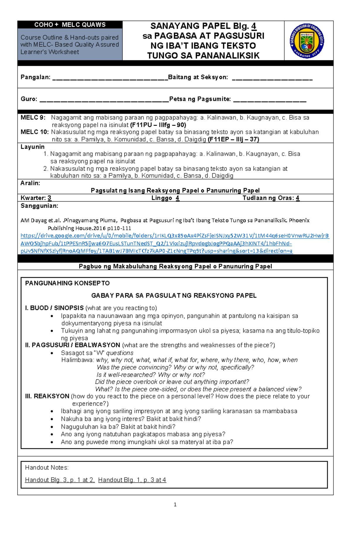 Pagbasa Worksheet w4 - 1 COHO + MELC QUAWS Course Outline & Hand-outs paired with MELC- Based ...