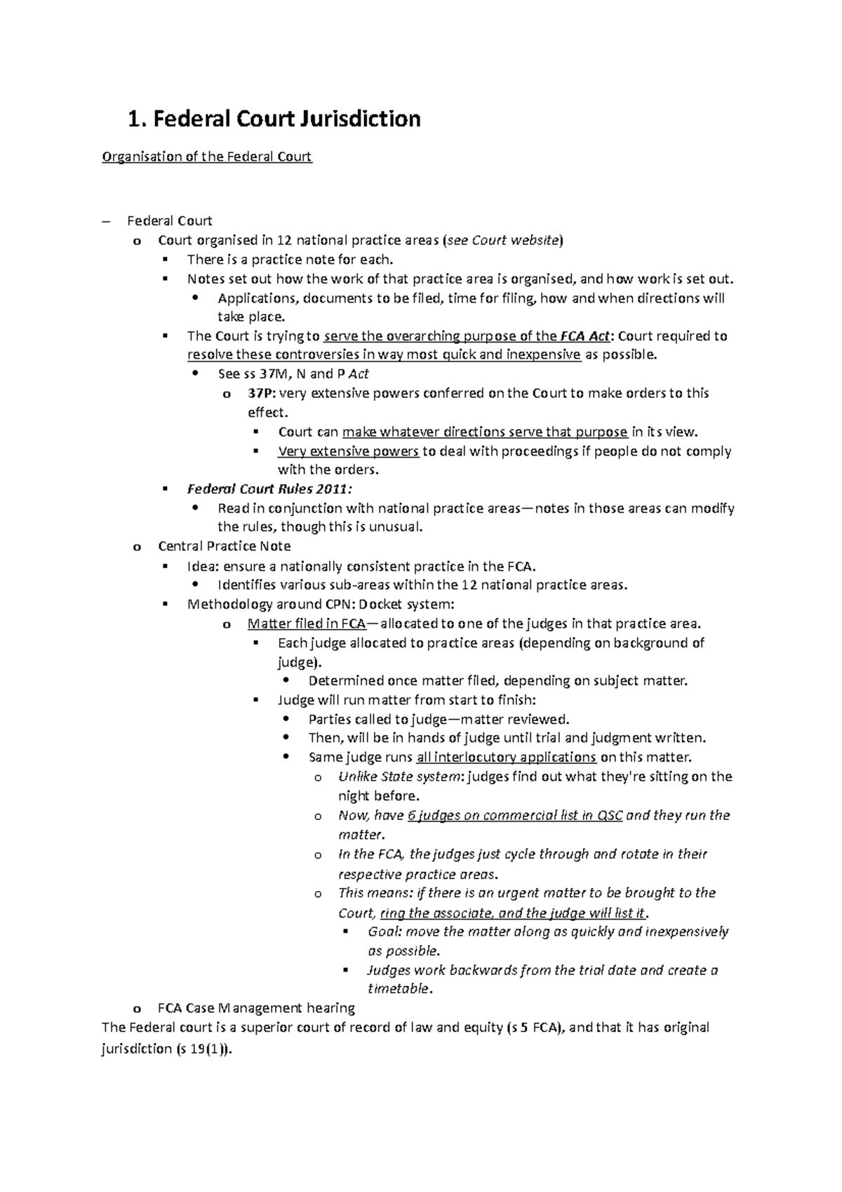 Finals - Notes - 1. Federal Court Jurisdiction Organisation of the ...