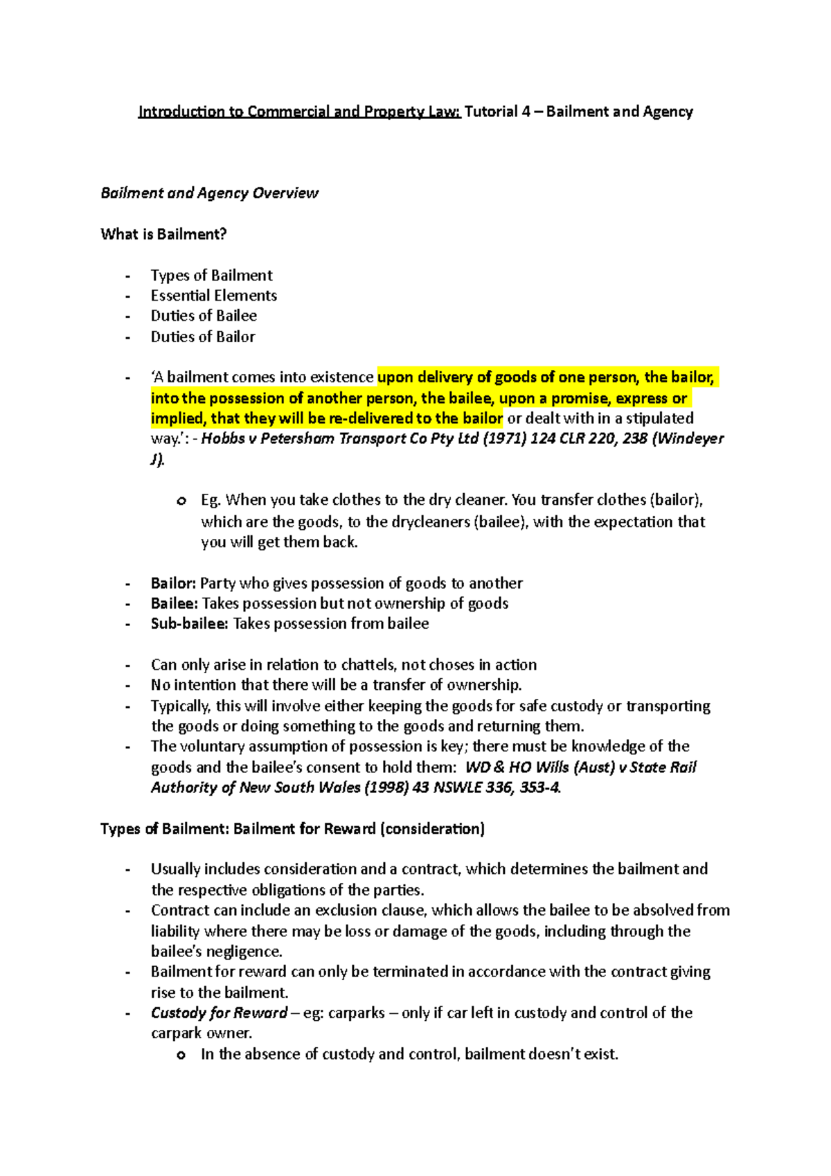 Introduction to Commercial and Property Law - Tutorial 4 - Bailment and ...