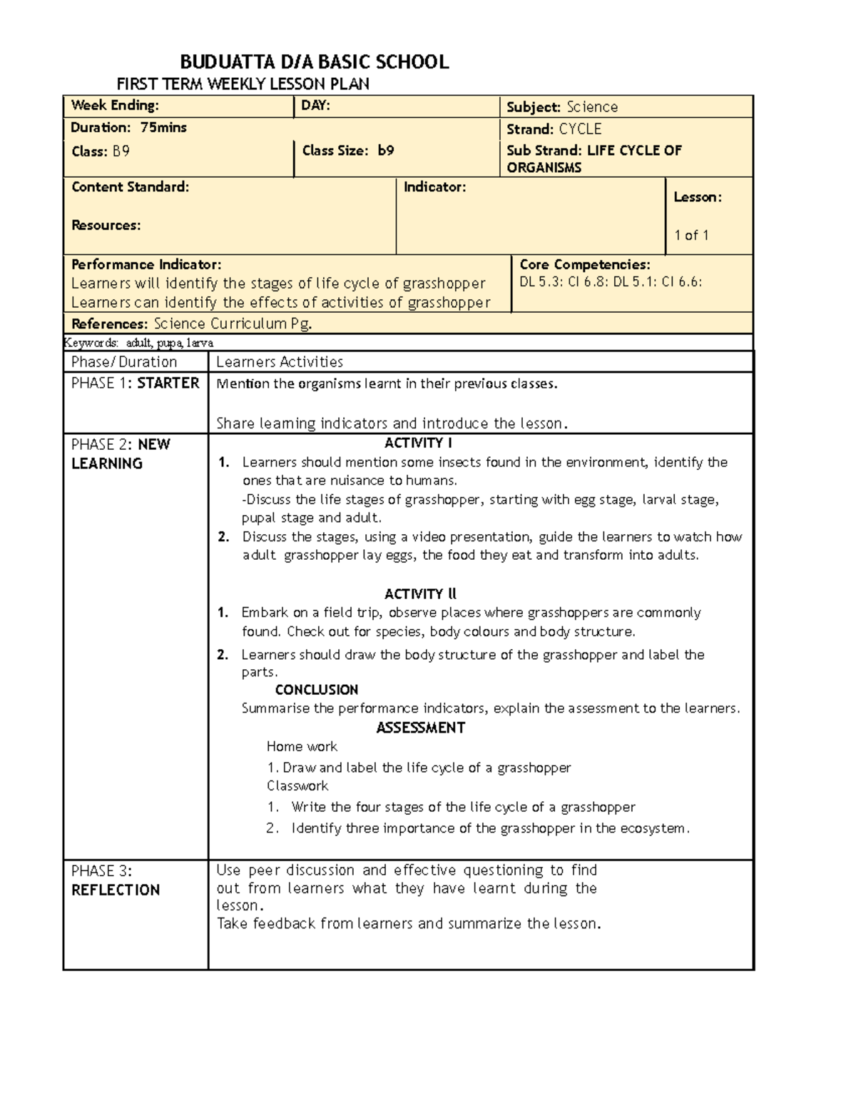 lesson plan for Basic Schools - BUDUATTA D/A BASIC SCHOOL FIRST TERM ...