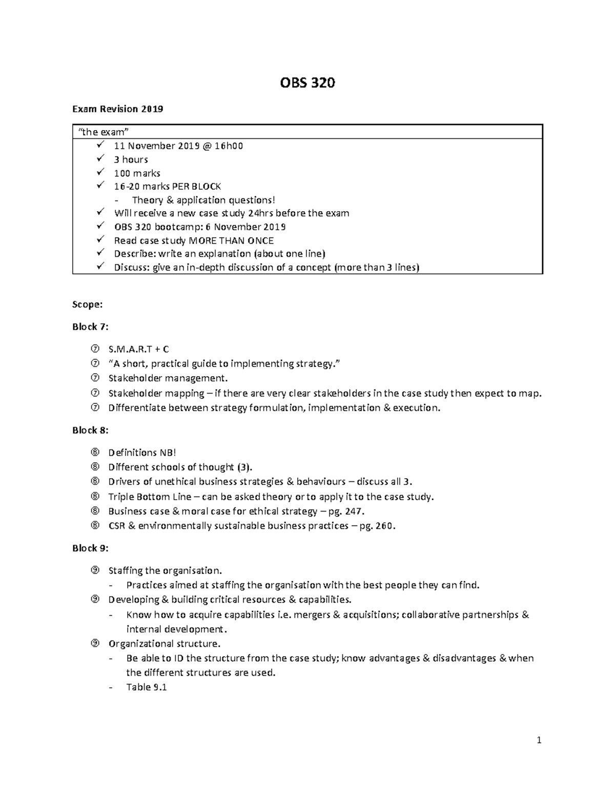 OBS Exam Revision - OBS 320 Exam Revision 2019 “the exam” 11 November ...