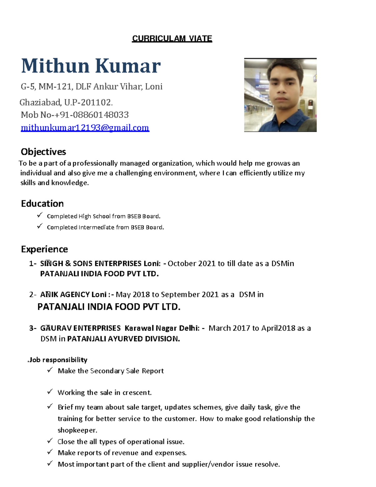Mithun CV - hhjnhh - CURRICULAM VIATE Mithun Kumar G-5, MM-121, DLF ...