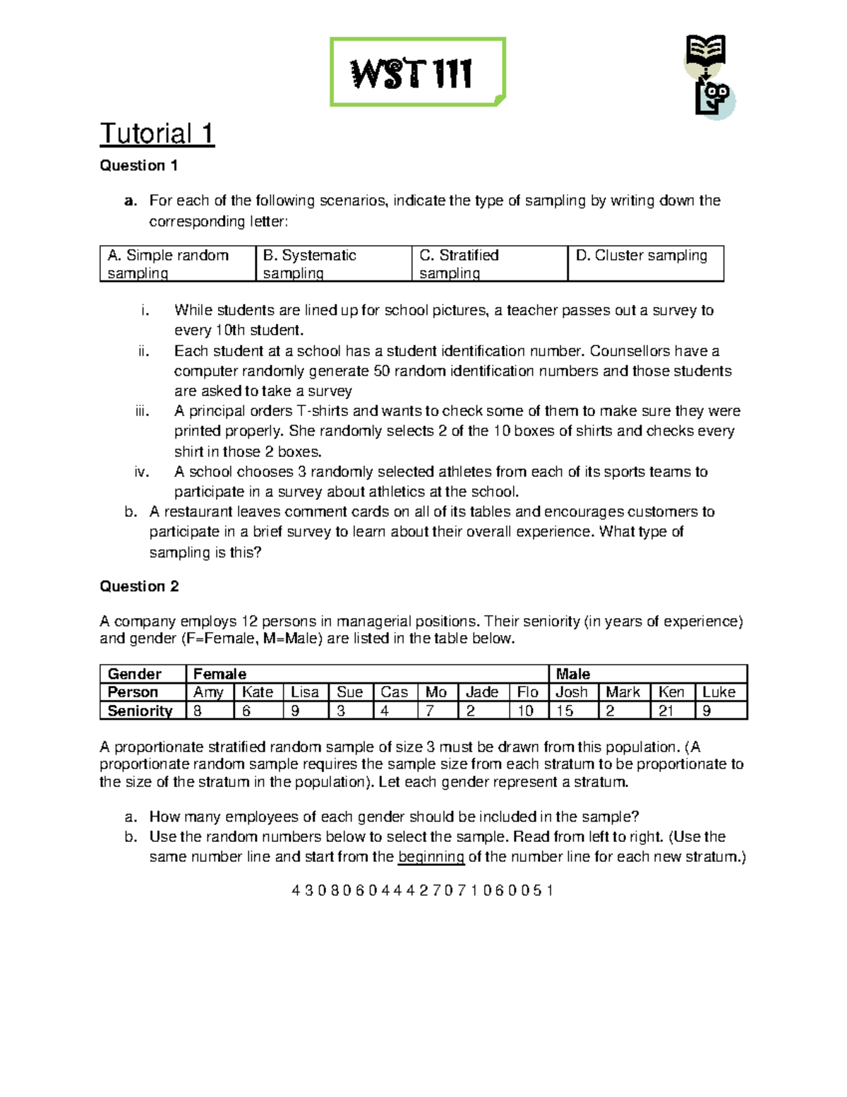 Tutorial 1 2022 V2 - wsttut - WST 11 1 Tutorial 1 Question 1 a. For each of the following ...