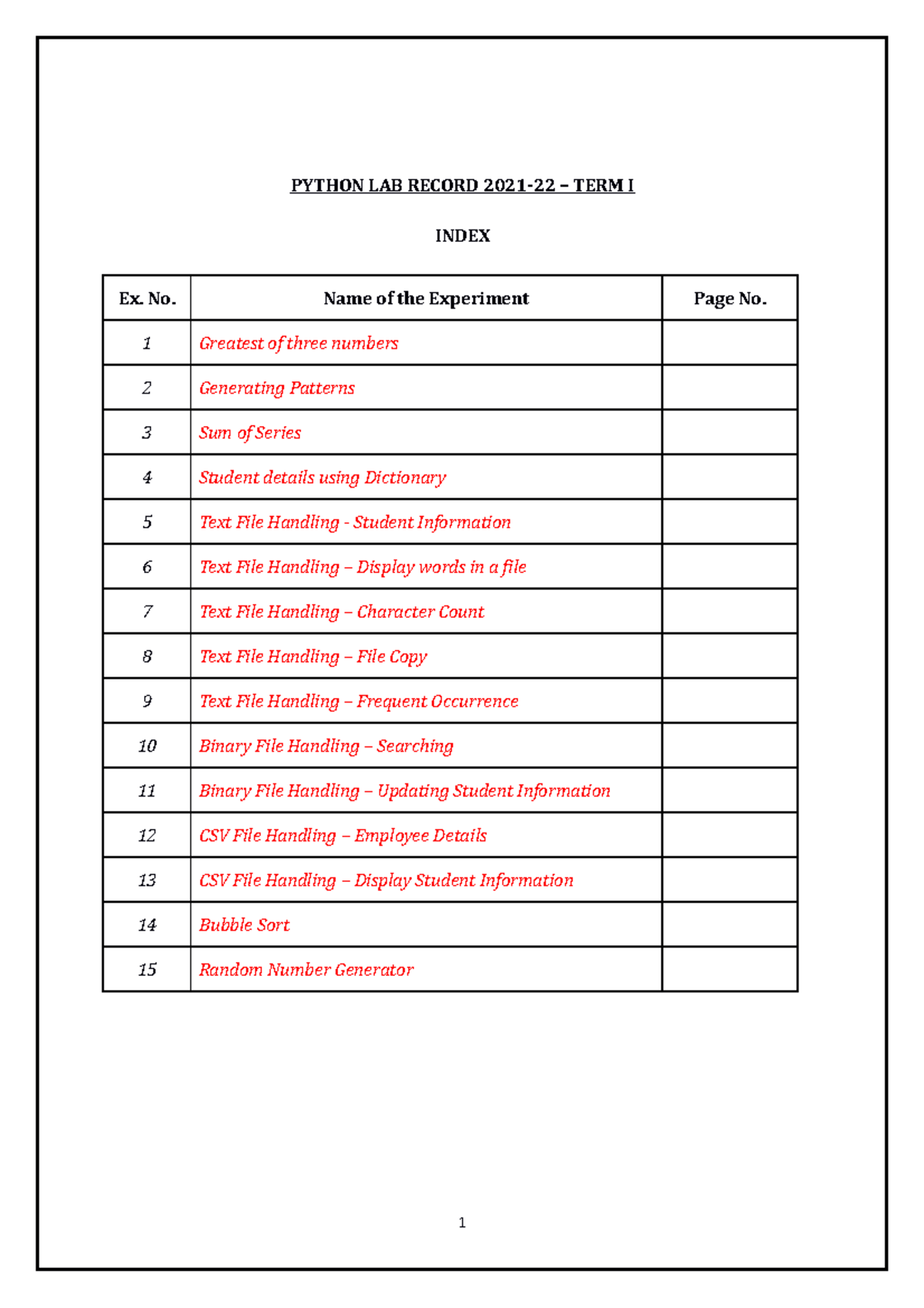 CS - LAB Record 2021-22 - PYTHON LAB RECORD 2021-22 – TERM I INDEX Ex ...