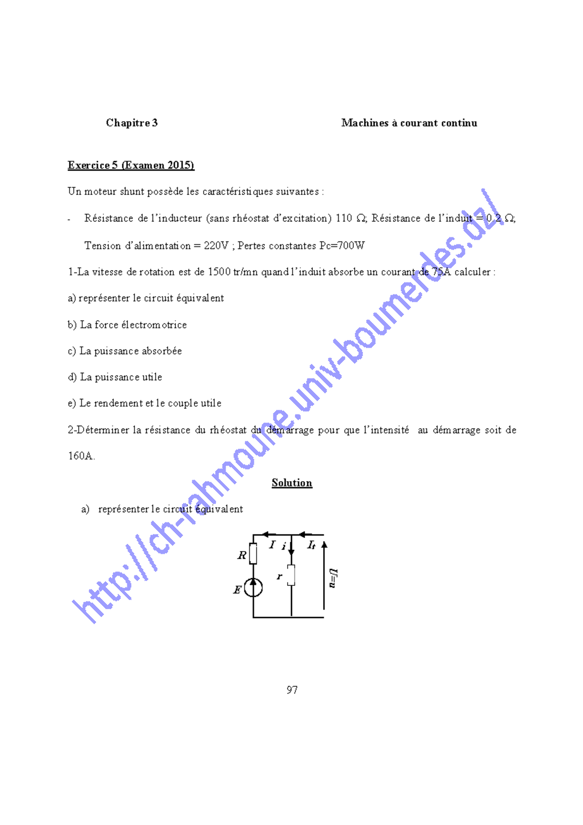 Exercice chapitre 3 5 2 - nice - Chapitre 3 Machines à courant continu 97 Exercice 5 (Examen ...