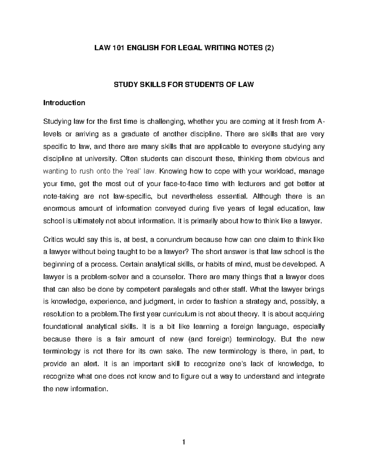 Law 101 English for Legal Writing Lecture Notes 2 - LAW 101 ENGLISH FOR ...