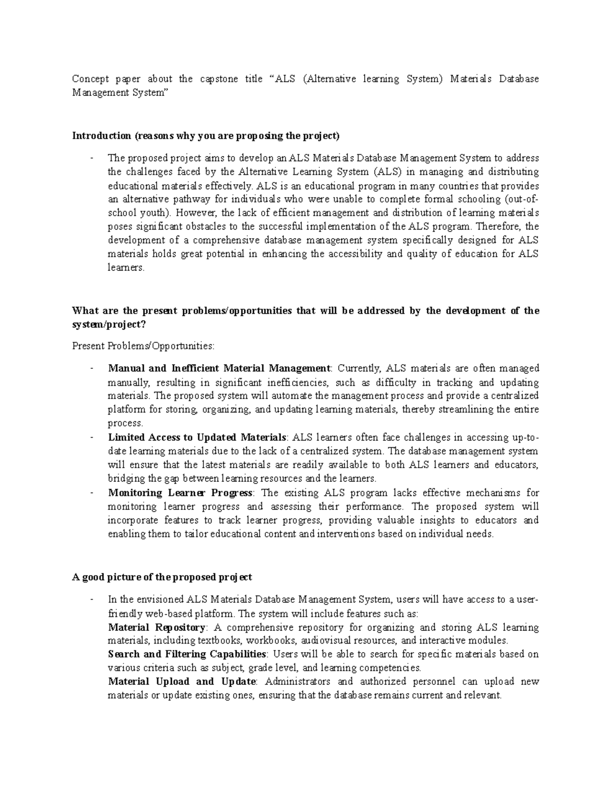 Concept paper - ALS is an educational program in many countries that ...