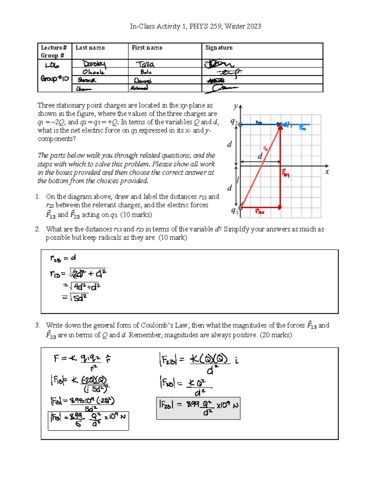 Activity 1 PHYS 259 W20233 - In-Class Activity 1, PHYS 259, Winter 2023 Lecture# Group # Last ...