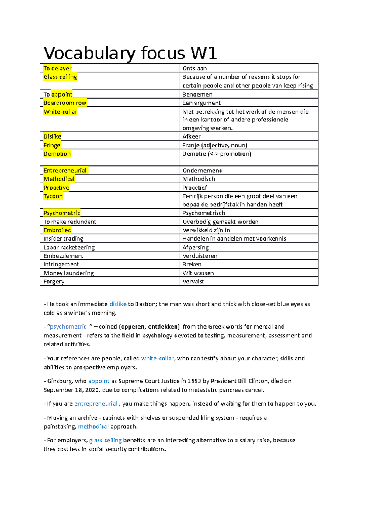 Vocabulary focus W1 - woordenschat - Vocabulary focus W To delayer ...