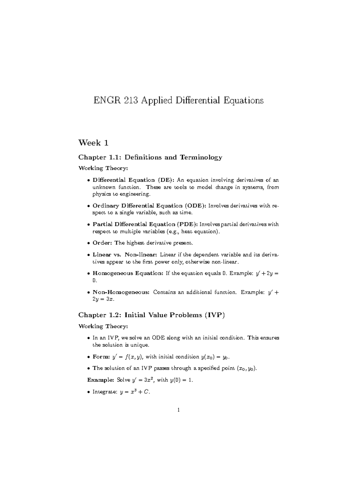 ENGR 213 Applied Differential Equations Overview - ENGR 213 Applied Differential Equations Week ...