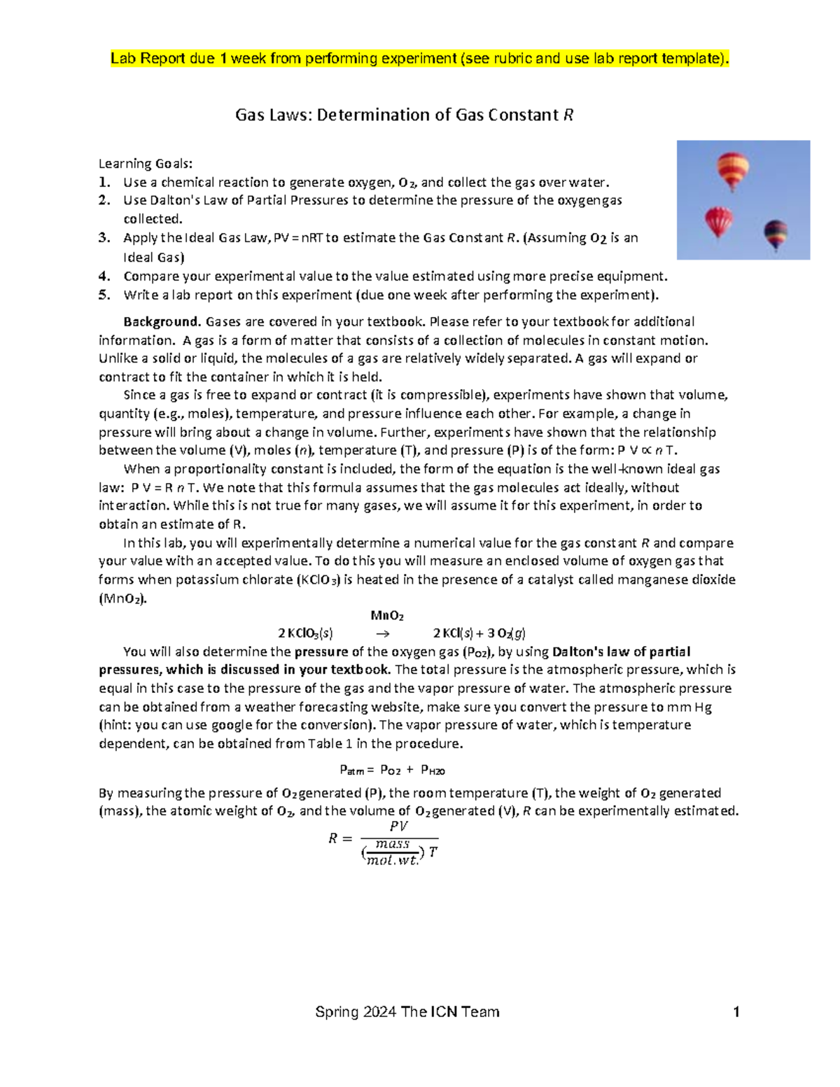 Gas Law Sp24 V18 - Lab report - Gas Laws: Determination of Gas Constant ...