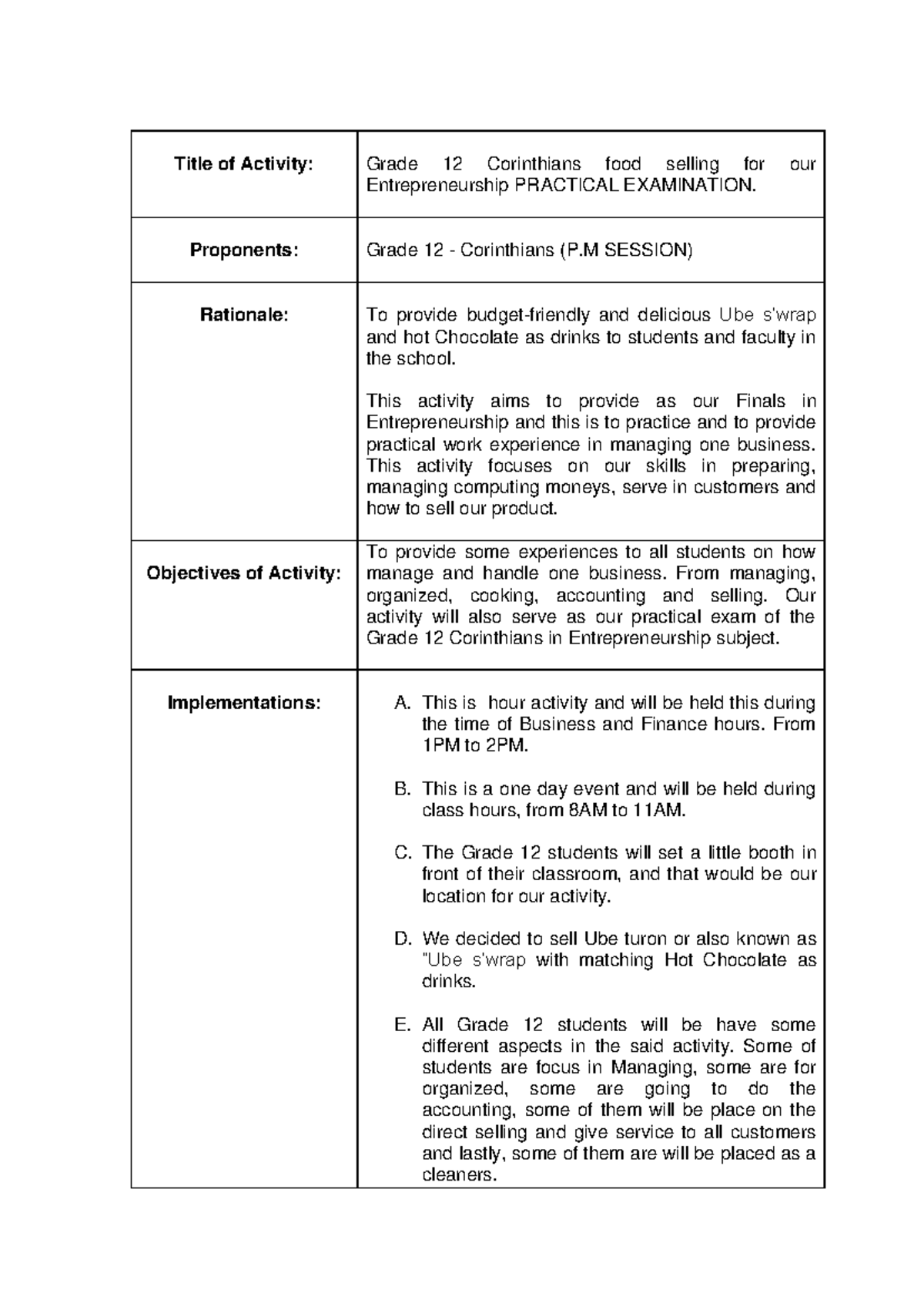 G12 Corinthians Business plan (P.M session) - Title of Activity: Grade ...