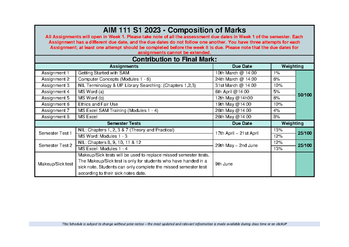 AIM 111 S1 2023 Assignment Dates - This Schedule is subject to change ...