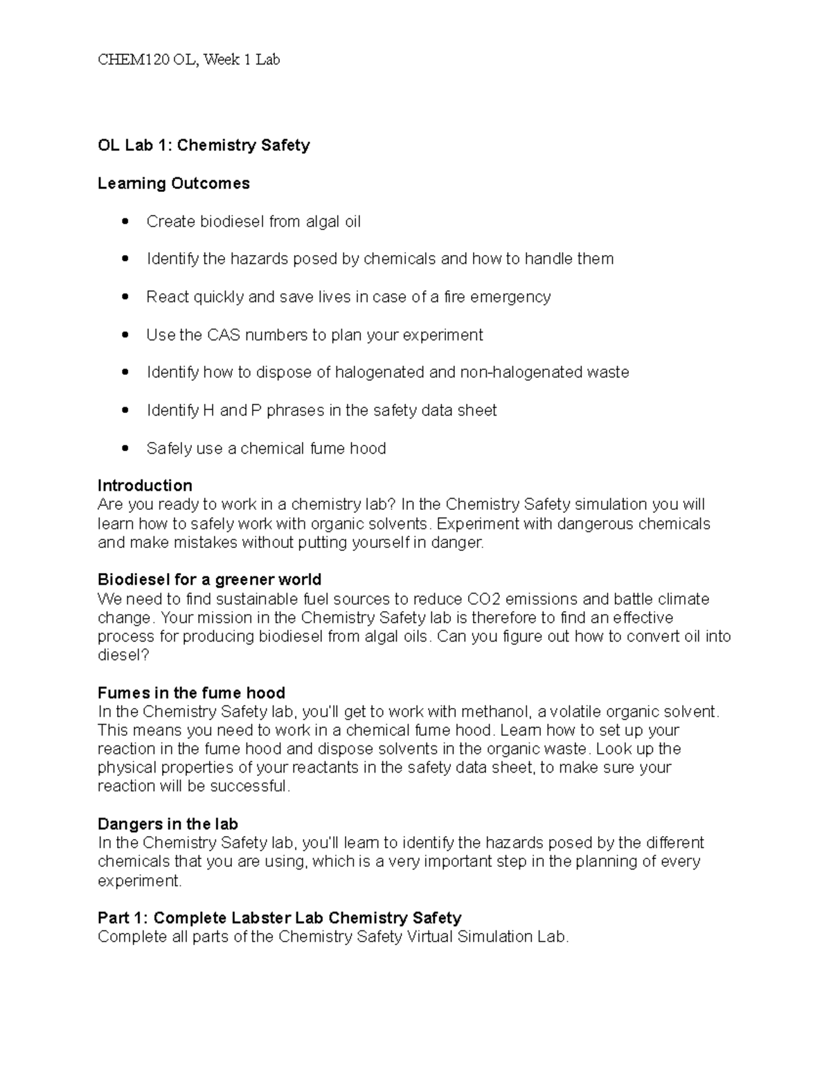 OL Lab 1-Chemistry Safety - CHEM120 OL, Week 1 Lab OL Lab 1: Chemistry ...