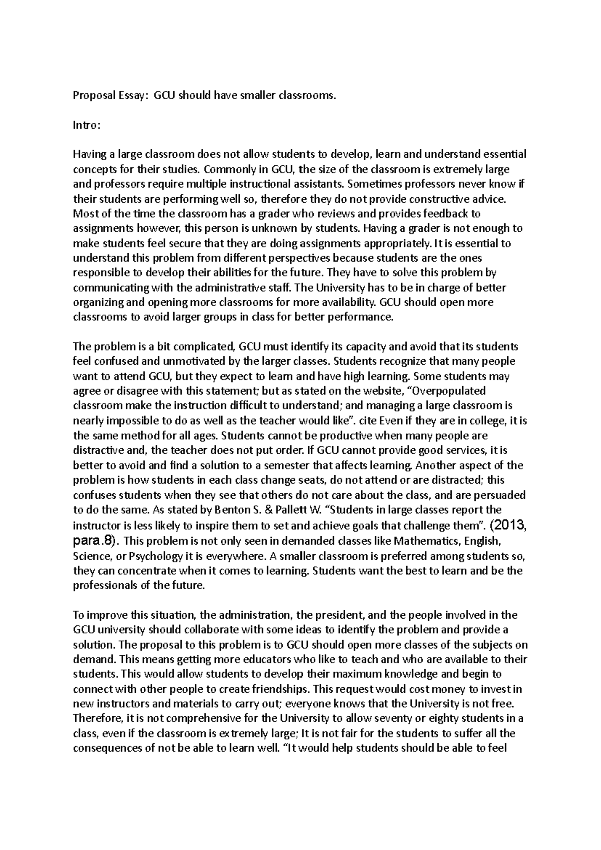 English - hello - Proposal Essay: GCU should have smaller classrooms ...