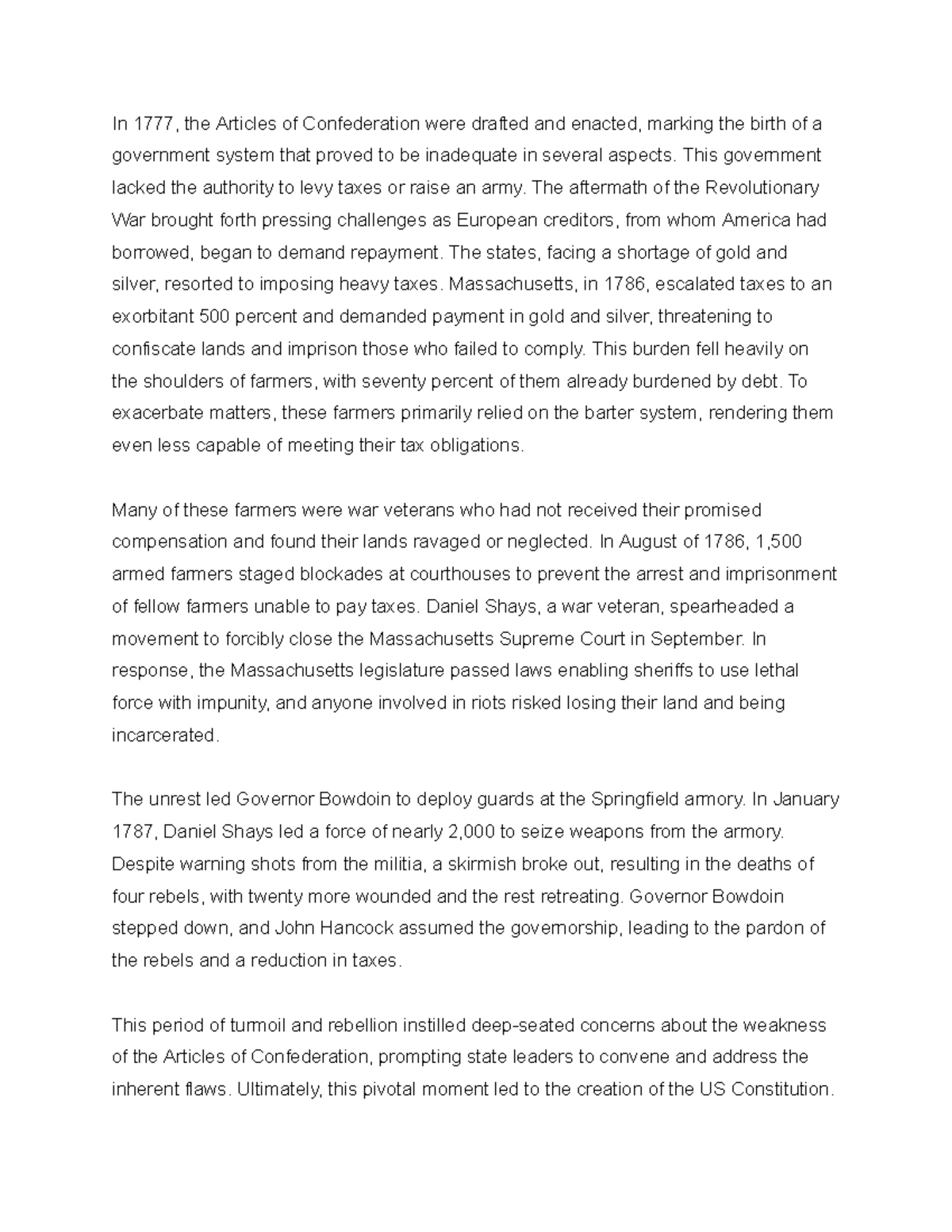 Shay's Rebellion Summary 10 2 24 - In 1777, the Articles of ...