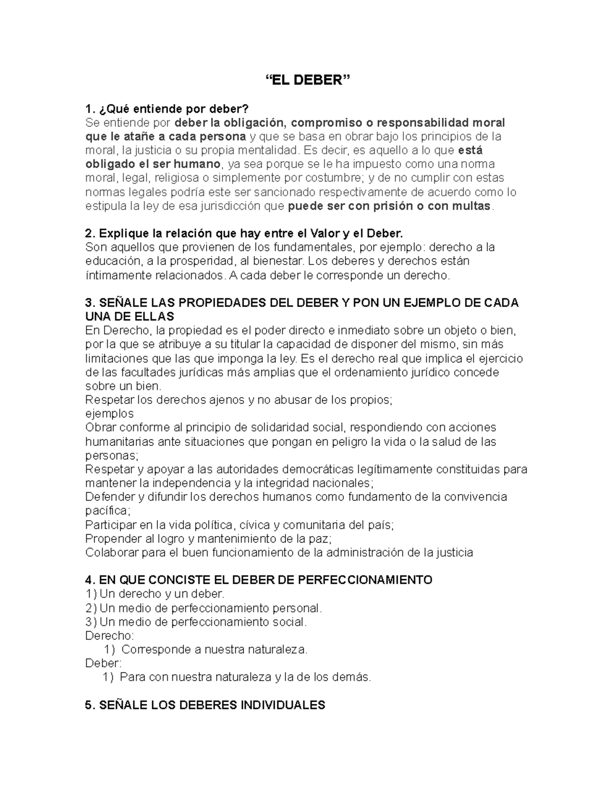 EL Deber - nada - “EL DEBER” 1. ¿Qué entiende por deber? Se entiende ...