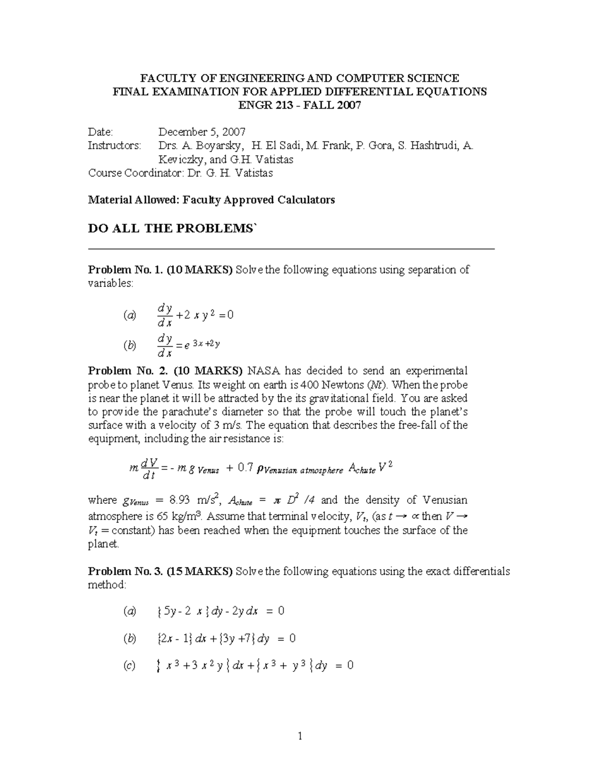 ENGR 213- 2007 Final - Exam Paper - 1 FACULTY OF ENGINEERING AND COMPUTER SCIENCE FINAL ...