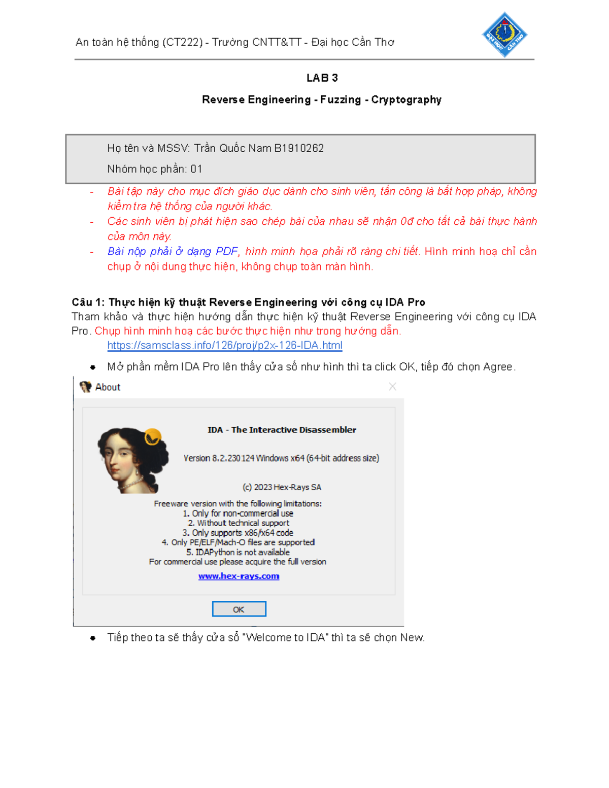 ATHT Lab3 - 123 - LAB 3 Reverse Engineering - Fuzzing - Cryptography Họ tên và MSSV: Trần Quốc ...