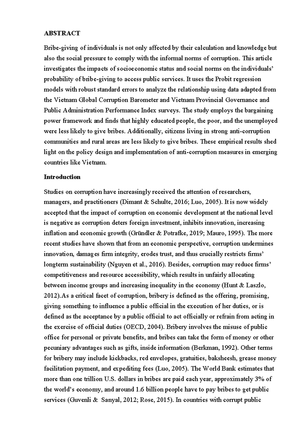 Abstract - My example of a summary essay format - ABSTRACT Bribe-giving ...