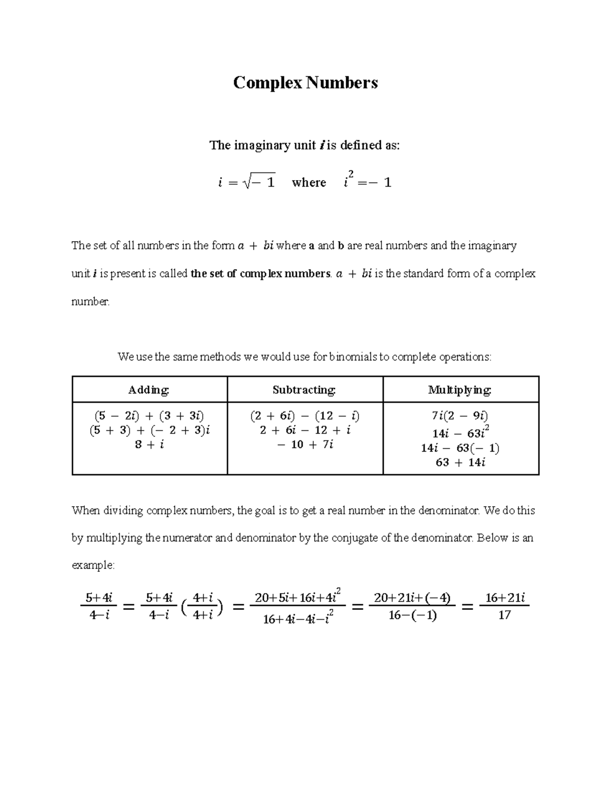 Complex Numbers - These notes include information about the imaginary ...