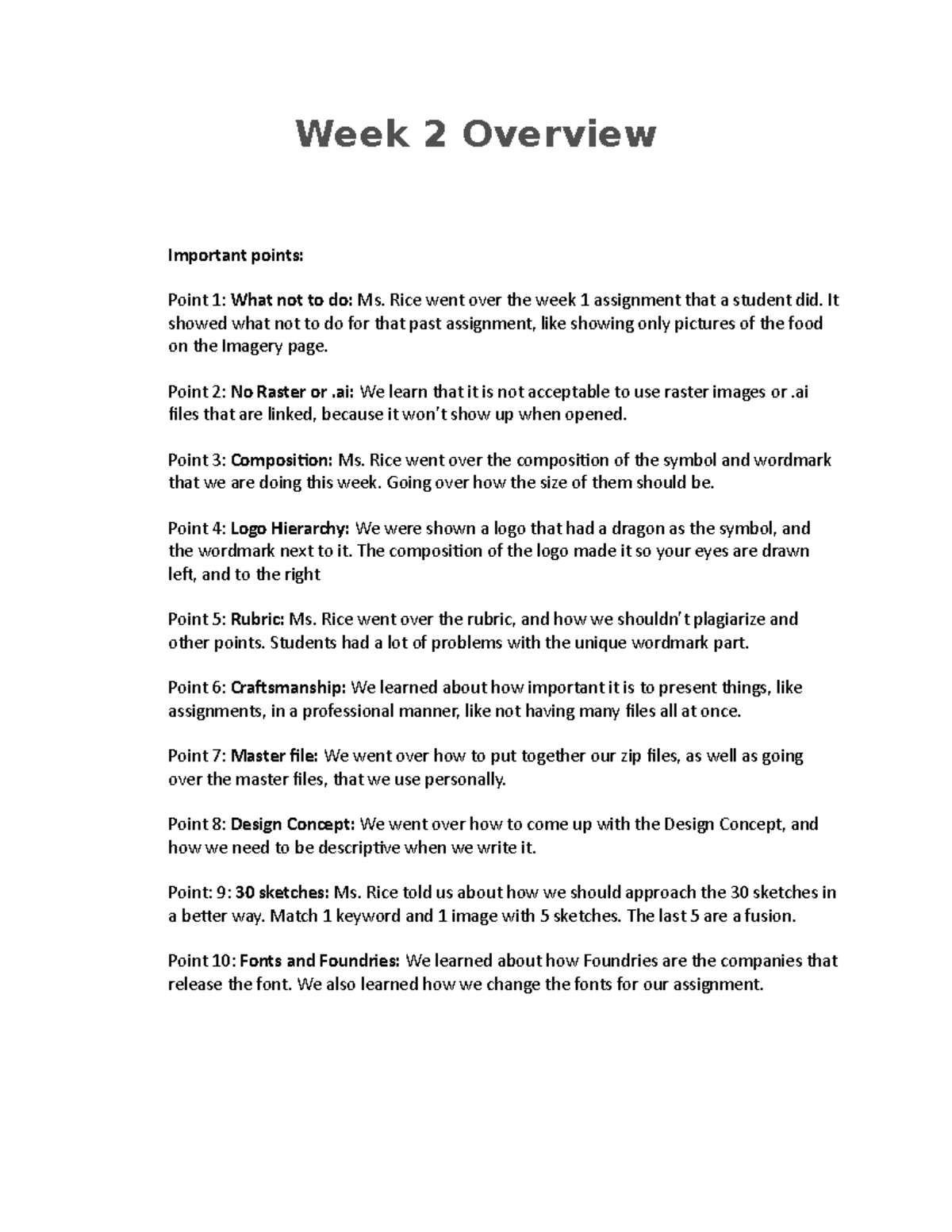 Coleman Christopher Overview 2 - Week 2 Overview Important points ...