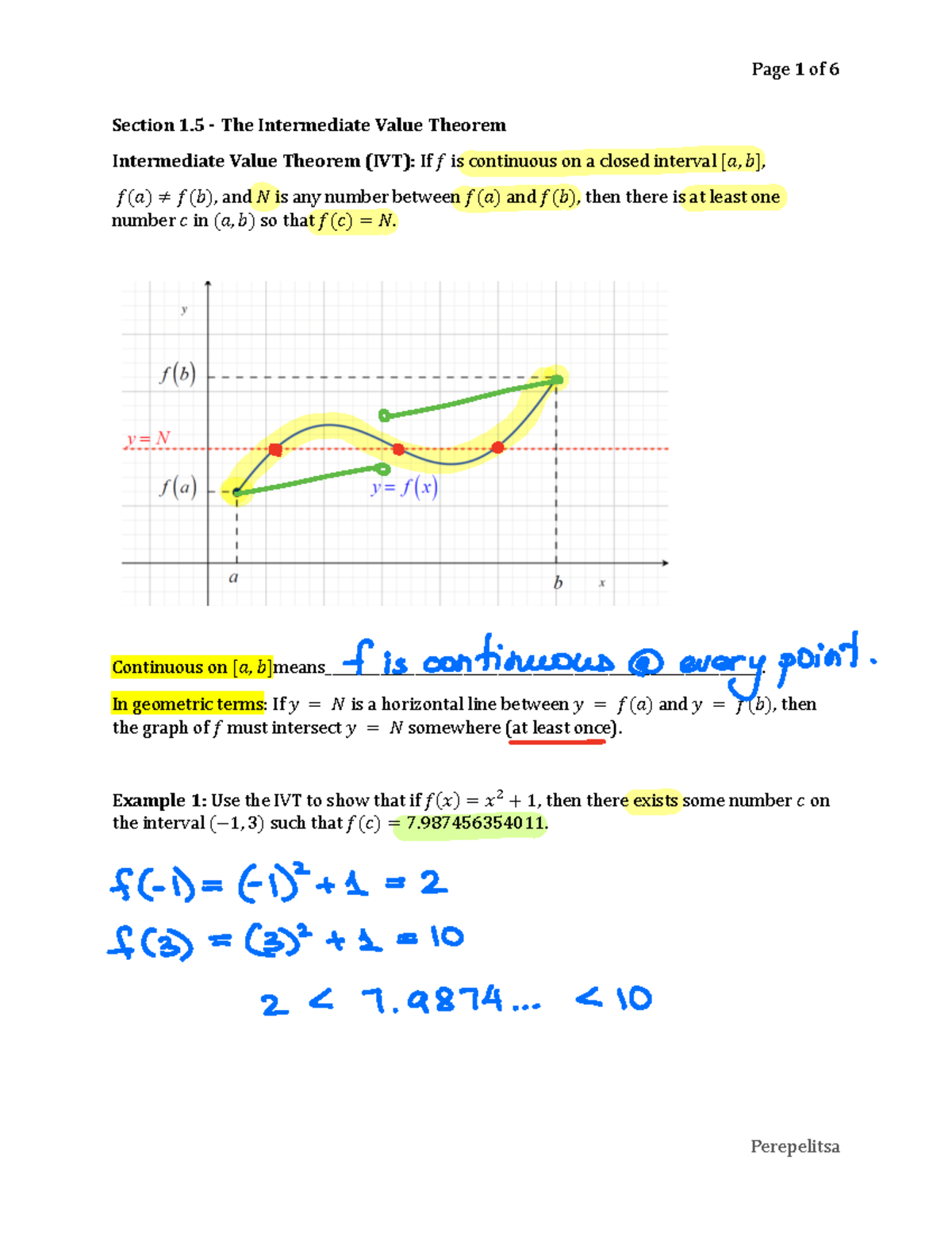 1431S15 notes - Section 1 - The Intermediate Value Theorem Intermediate ...