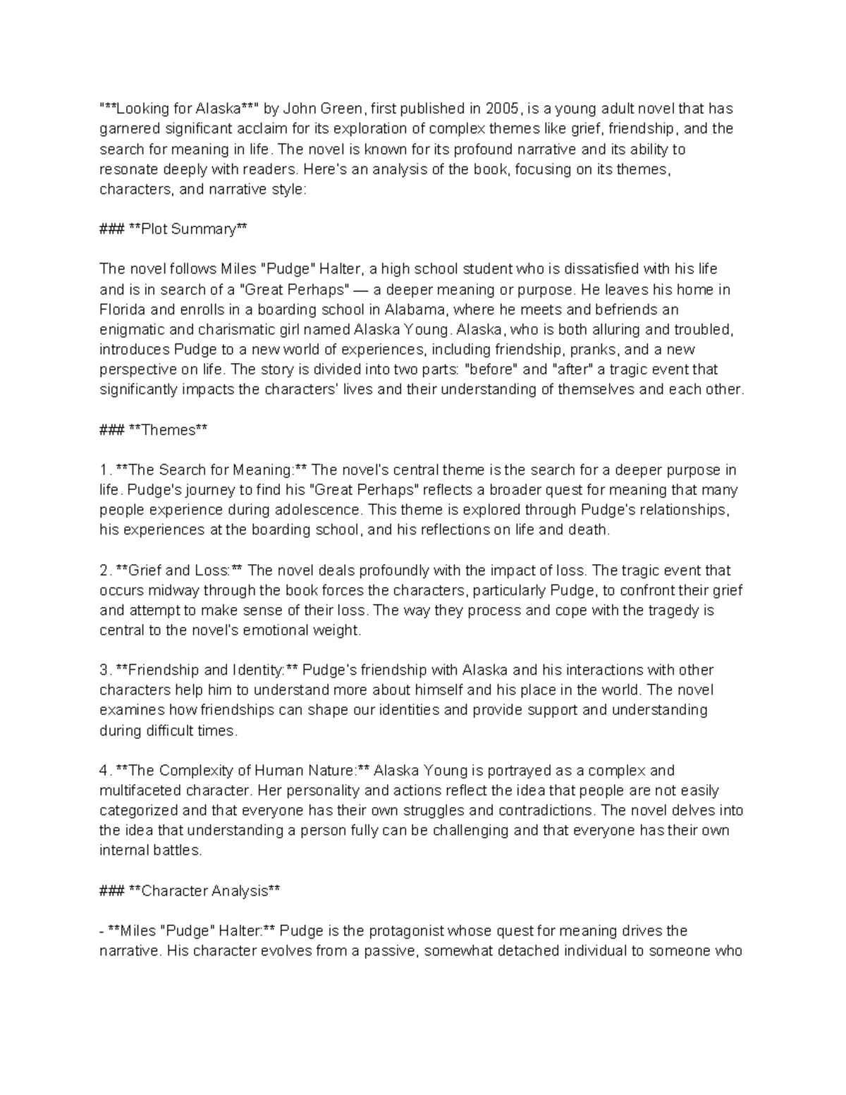 1.22 notes for class - Practice analyzing books - "Looking for Alaska ...