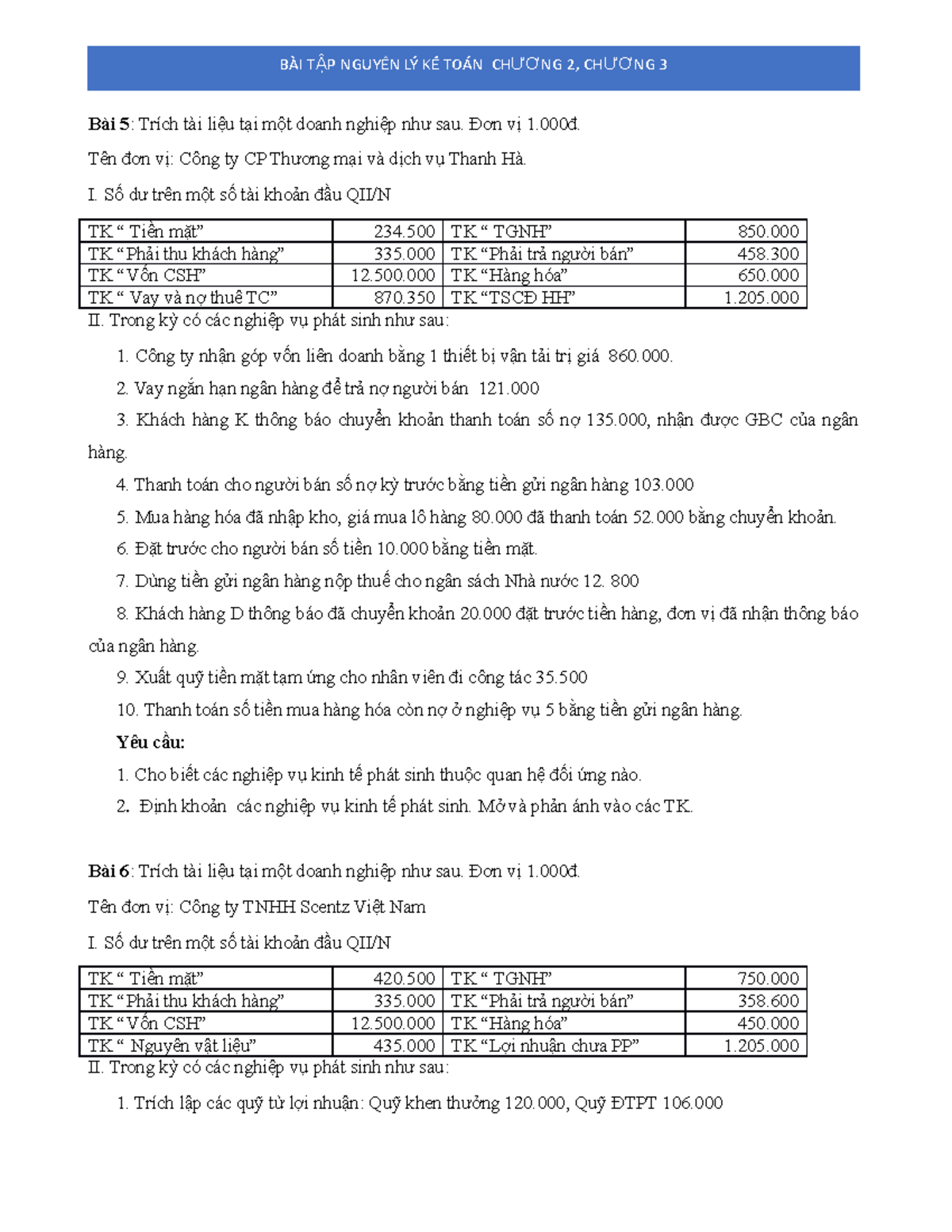 BT chương 2,3 TCNH - hgffgh - Bài 5: Trích tài liệu tại một doanh ...