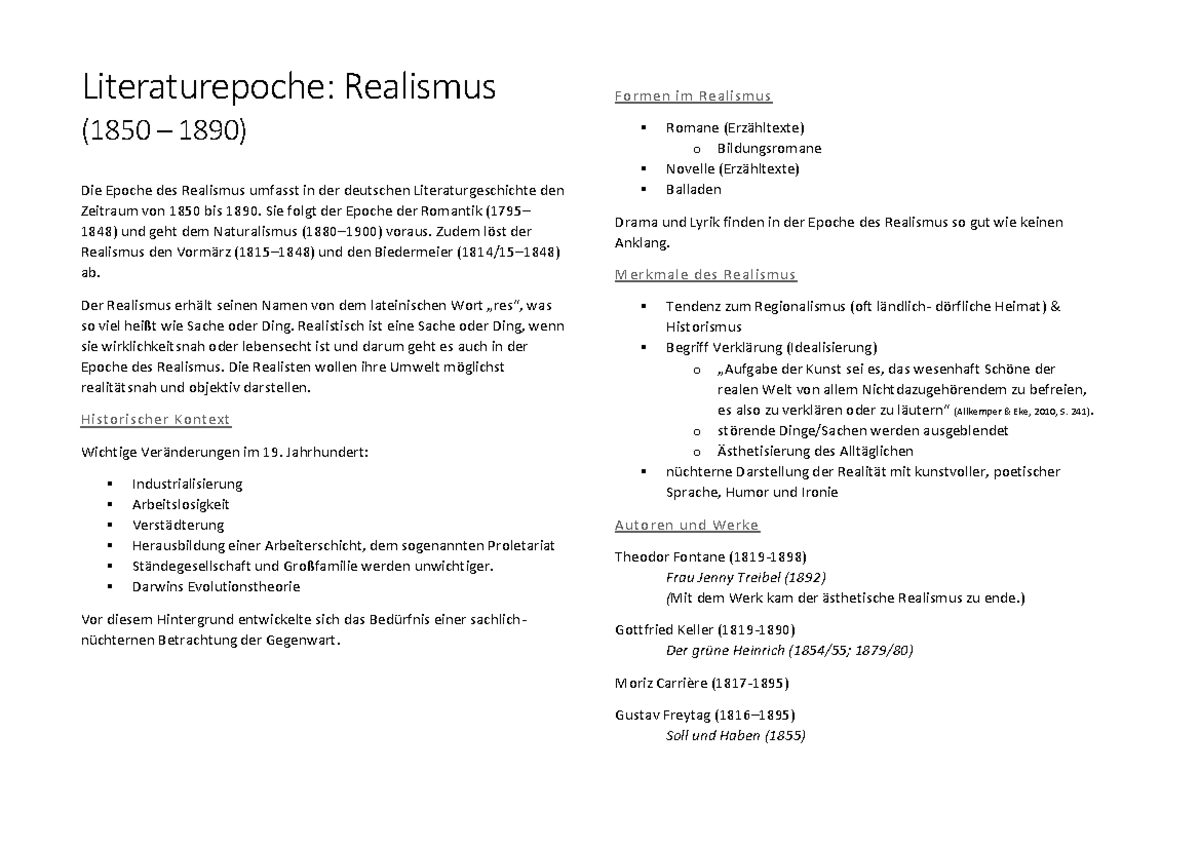 Handout über die Literaturepoche Realismus - Literaturepoche: Realismus ...