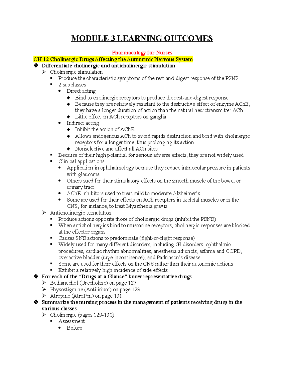 Module 3 learning outcomes - MODULE 3 LEARNING OUTCOMES Pharmacology for Nurses CH 12 ...