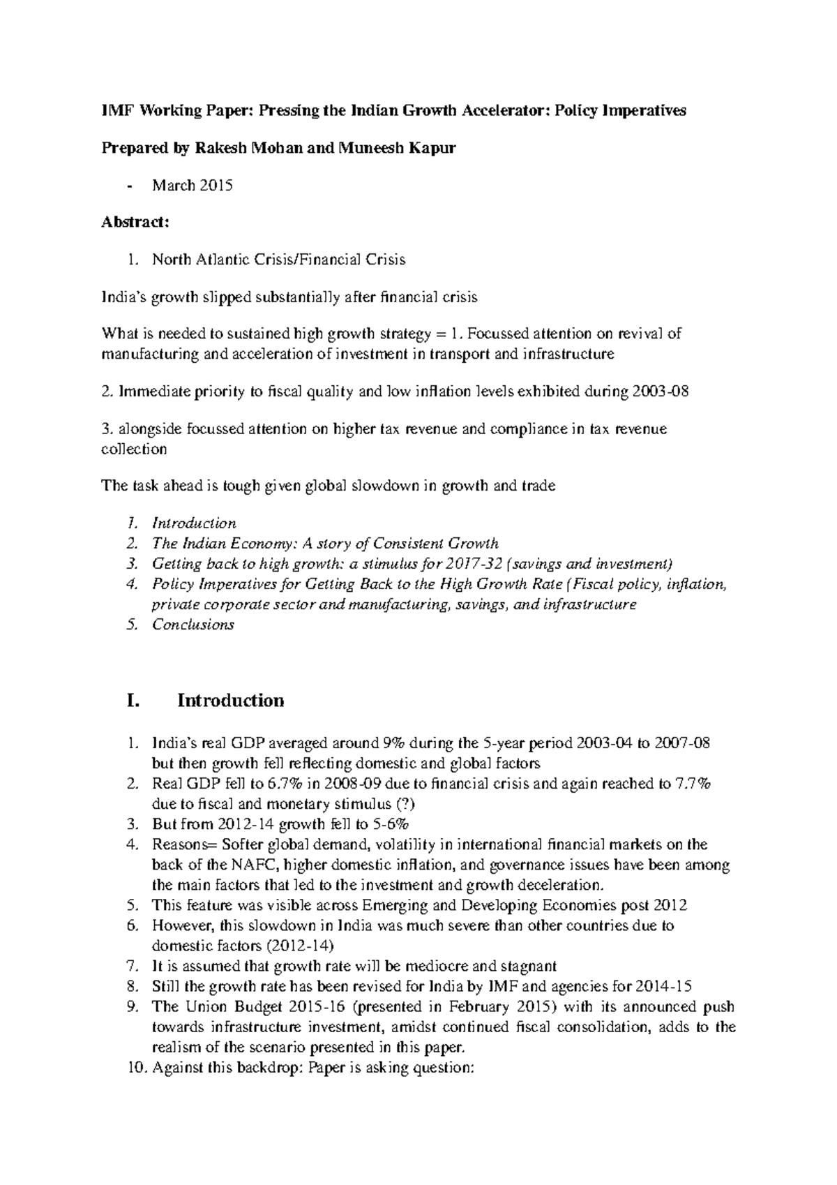 IMF Working Paper Rakesh Mohan notes - IMF Working Paper: Pressing the ...