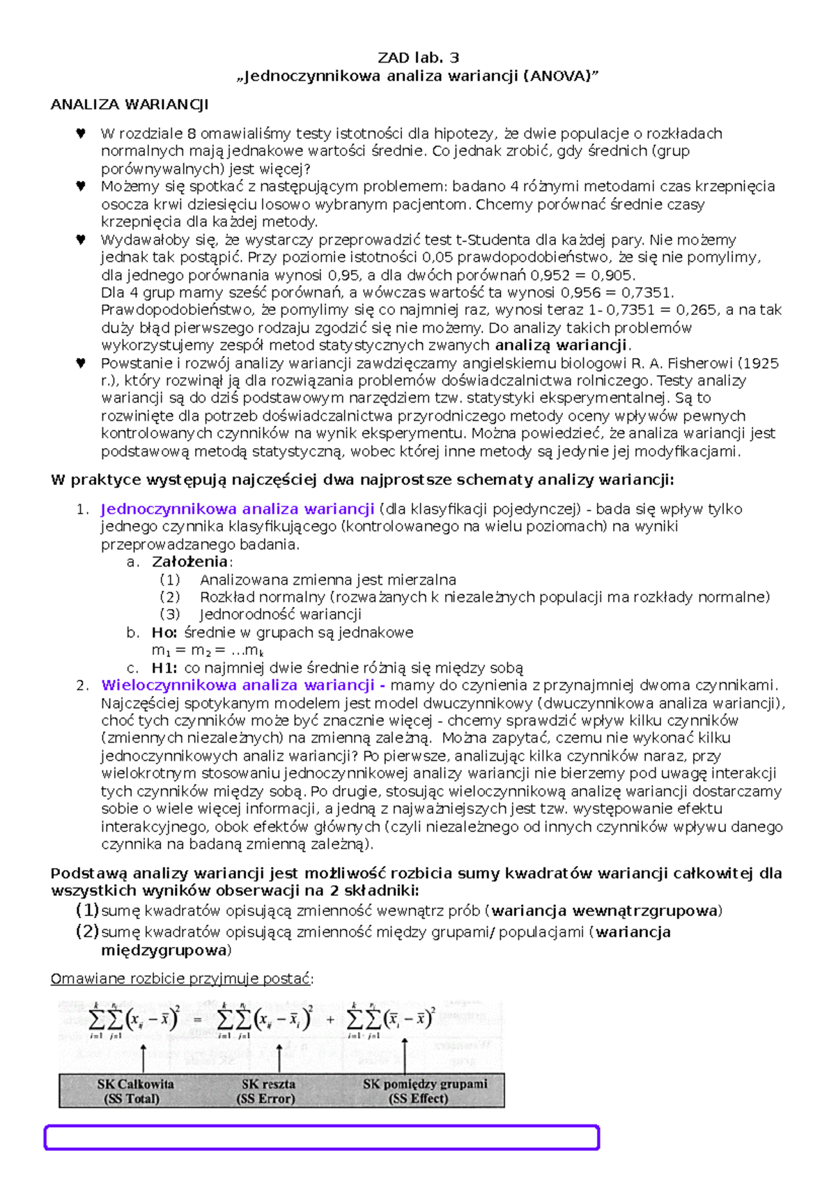 ZAD lab. 3 - analiza wariancji +nieparametryczne odpowiedniki - ZAD lab. 3 „Jednoczynnikowa ...