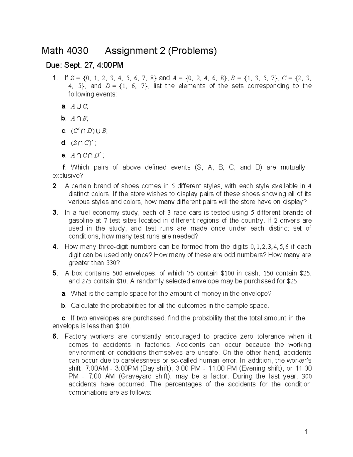 4030-Assignment 2(Problems) - Math 4030 Assignment 2 (Problems) Due ...