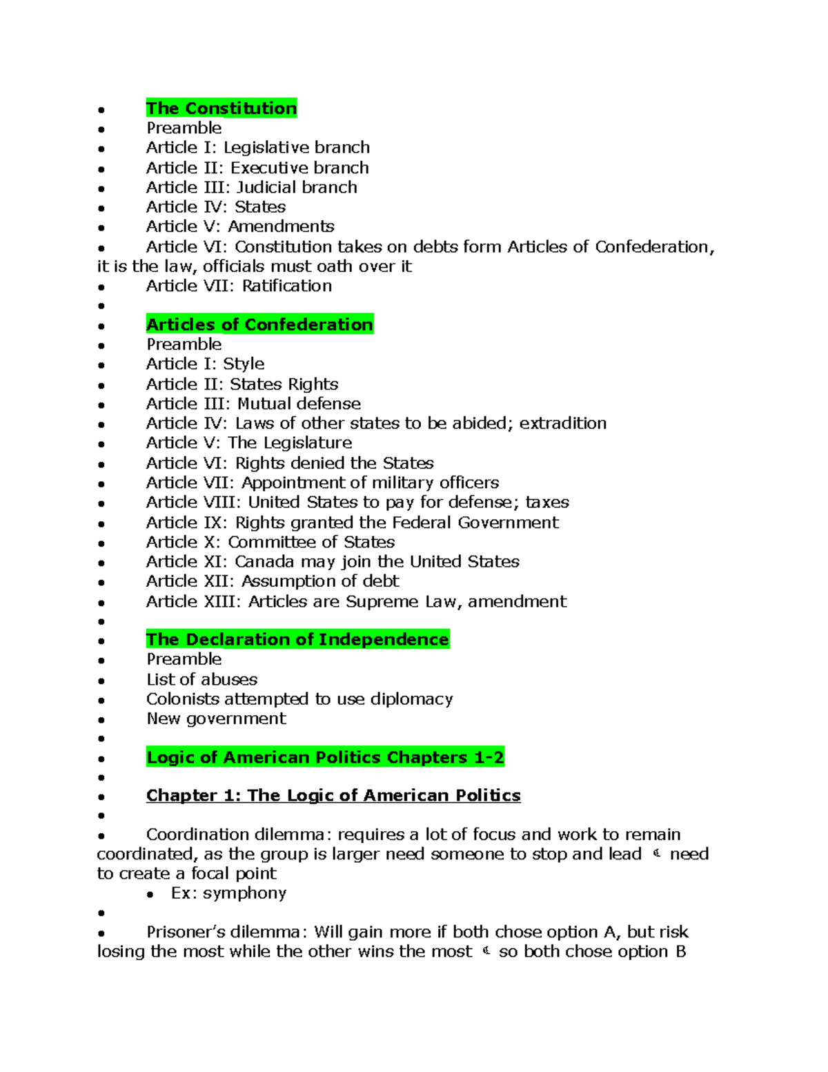 American Politics Readings - The Constitution Preamble Article I ...
