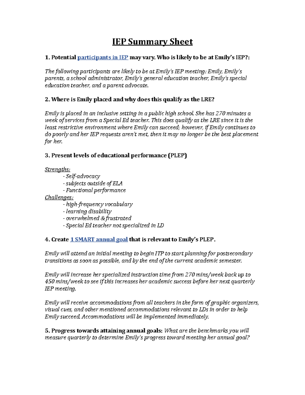IEP Summary Sheet - Potential participants in IEP may vary. Who is ...