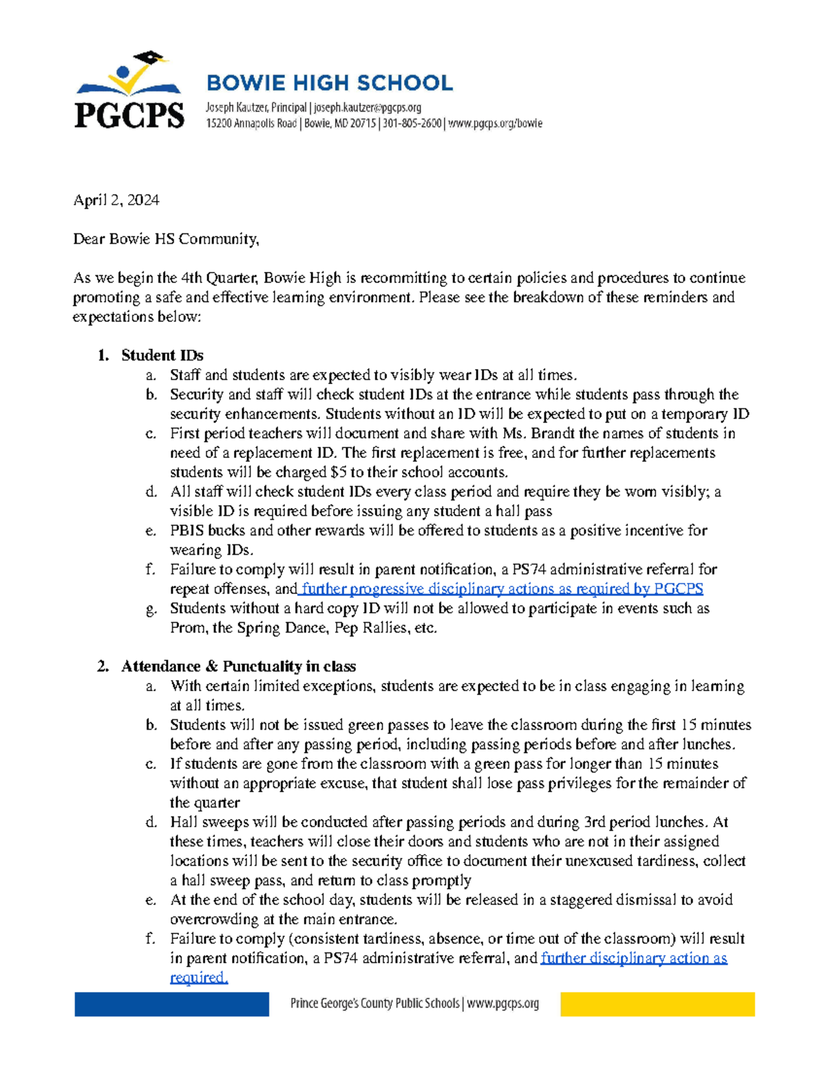 Bowie HS Letter RE Student IDs, Attendance, Dress Code.docx - April 2 ...
