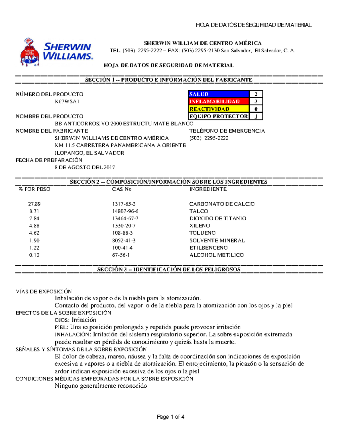 Anticorrosivo Sherwin Williams - 2 K67WSA1 INFLAMABILIDAD 3 REACTIVIDAD ...