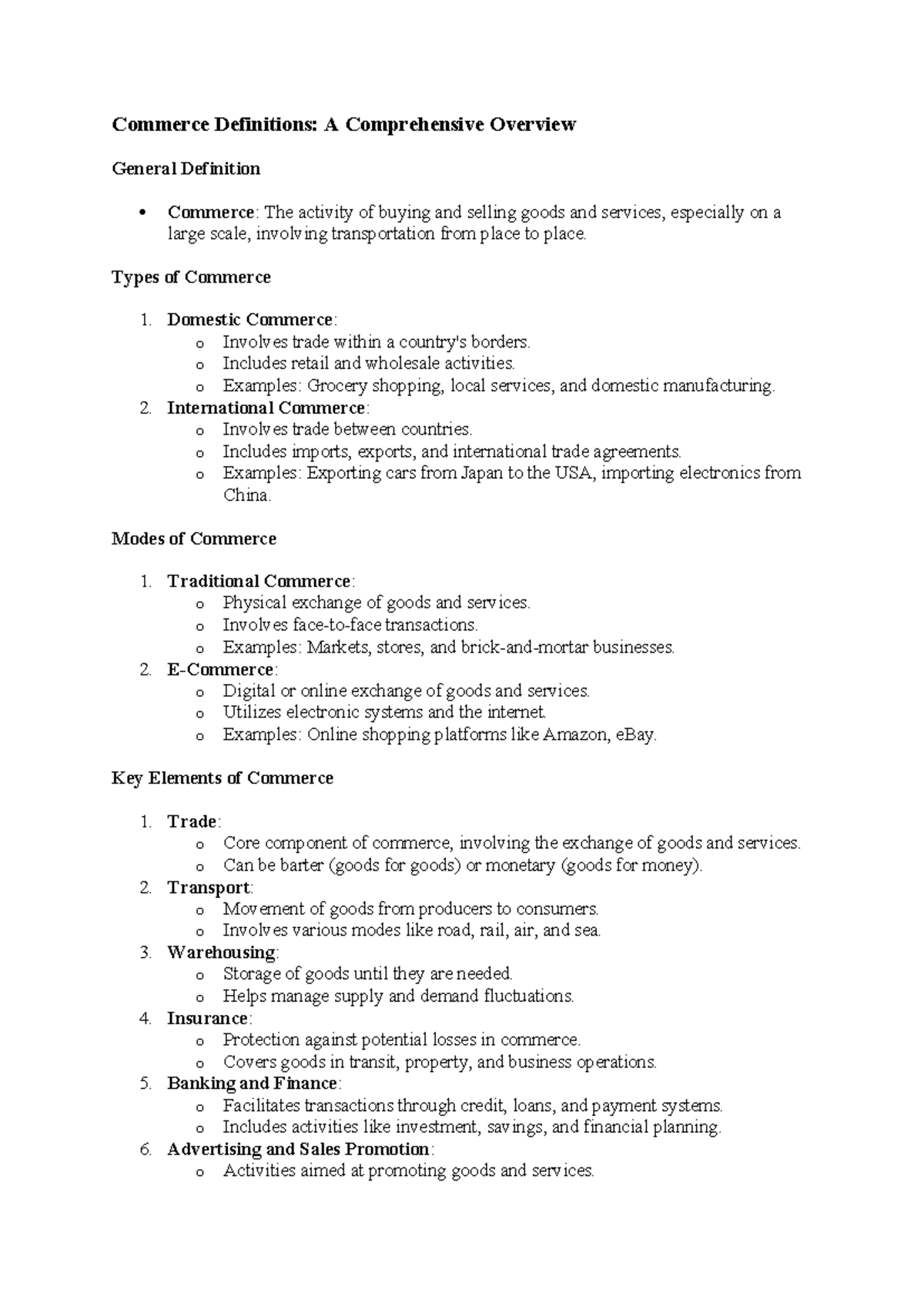 Commerce Definitions - Types of Commerce 1. Domestic Commerce: o ...
