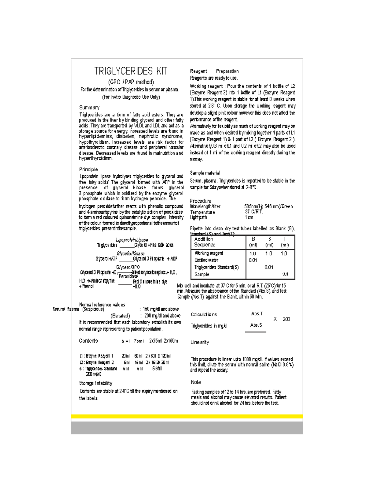 Triglycerides Kit - (For Invitro Diagnostic Use Only) Summary ...